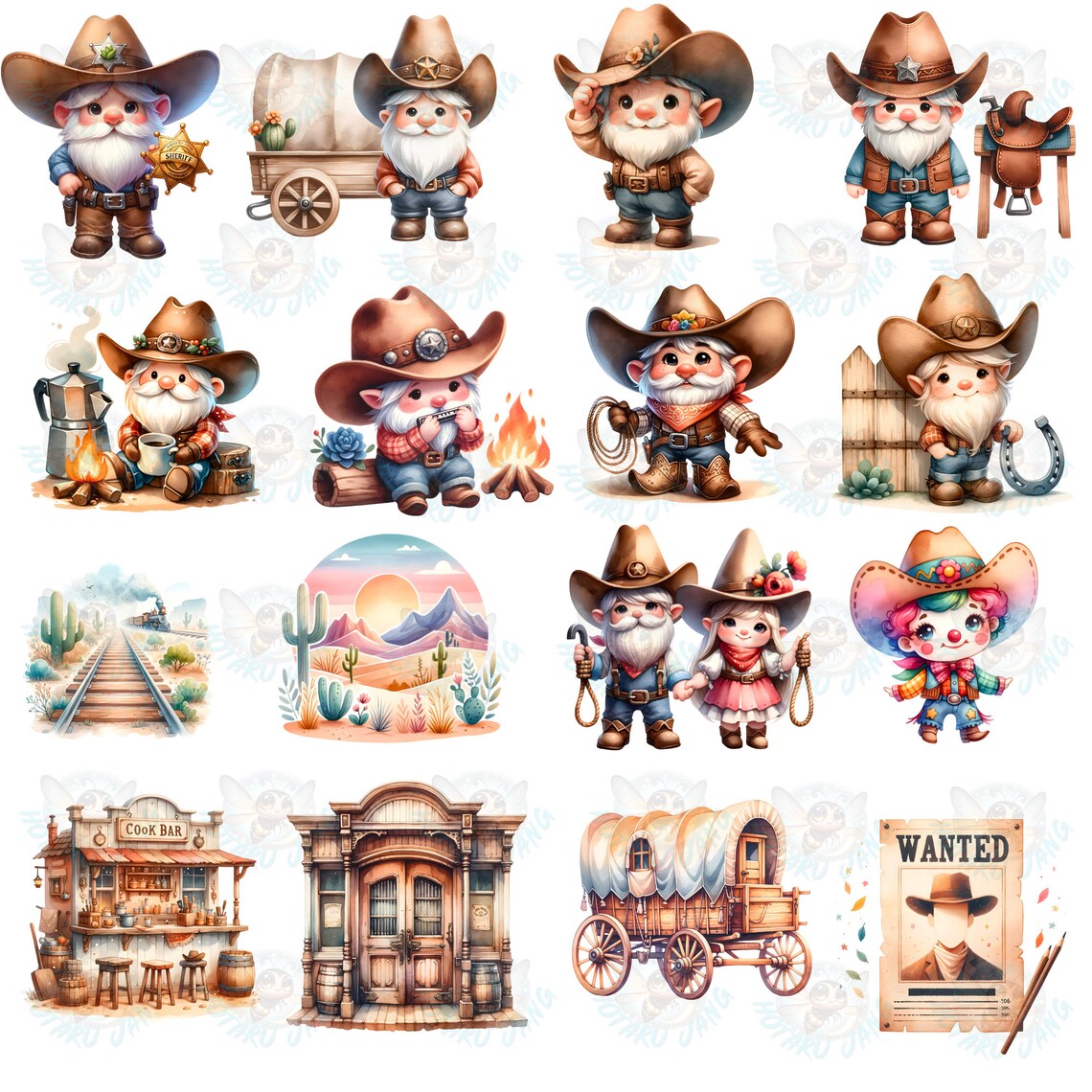 Gnome Cowboy & Cowgirl Clipart, Watercolor Cowboy, Western Clipart ...