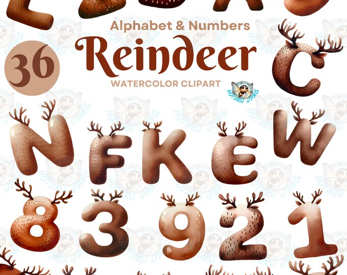 Christmas Reindeer Alphabet Clipart: A-Z Letters, 0-9 Numbers (PNG ...