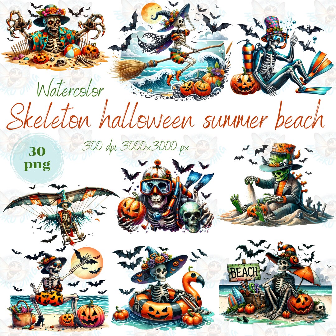 Watercolor Skeleton Halloween Beach Clipart: Spooky Summer PNG ...
