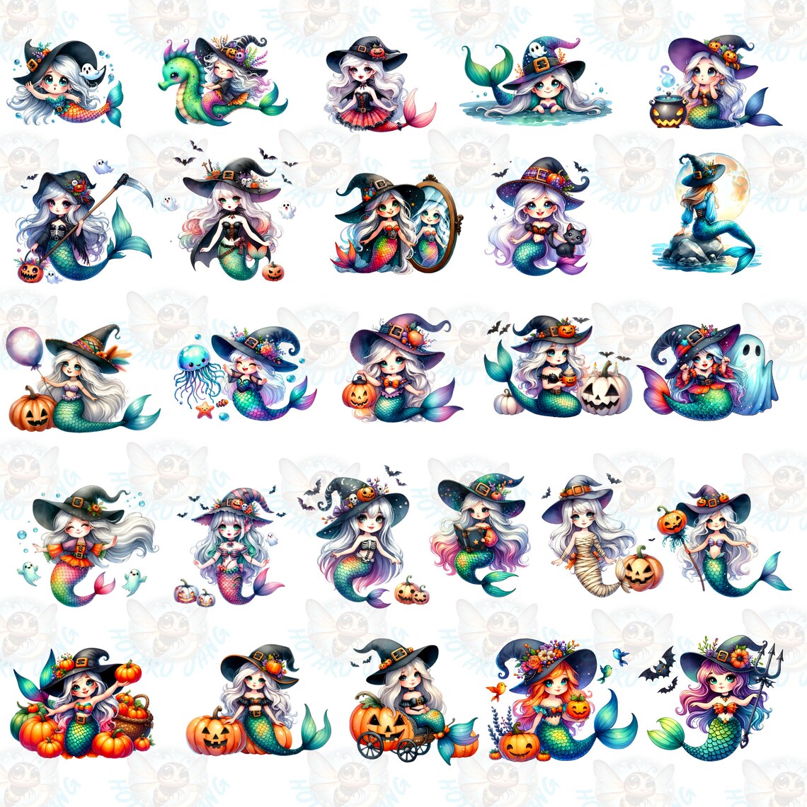 Cute Halloween Mermaids Clipart Set. Zombie Mermaid PNG. Sea Animals ...