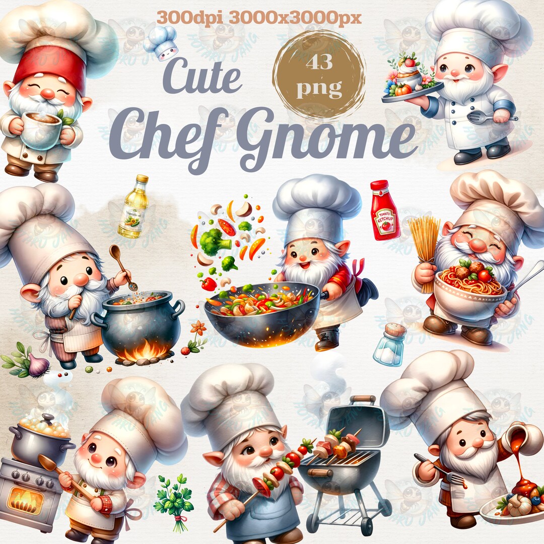 Cute Gnome Chef, Gnome Cilpart, Watercolor Clipart, Cute Gnome Clipart ...