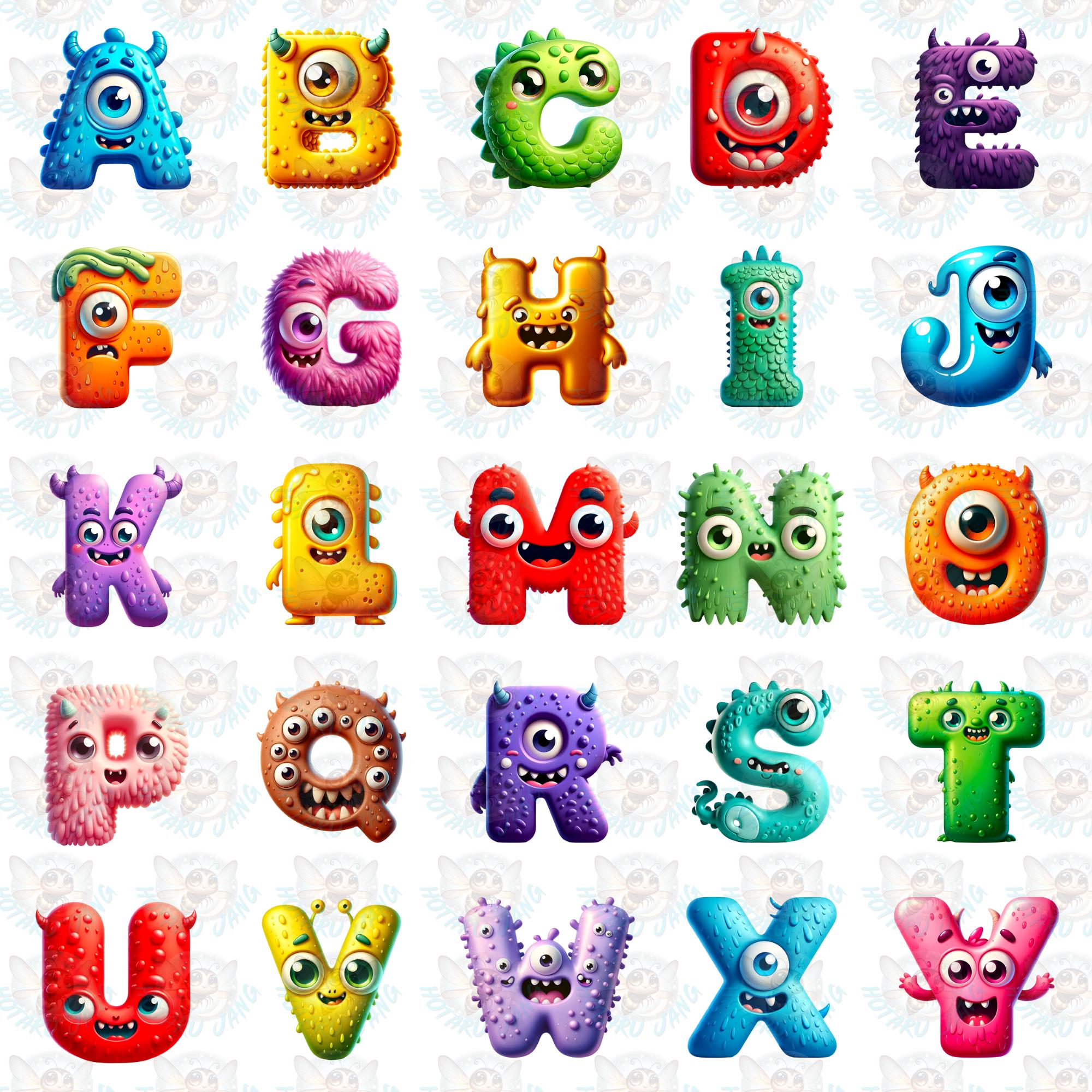 Monster Alphabet Clipart: Colorful Numbers & Letters (PNG) - Etsy