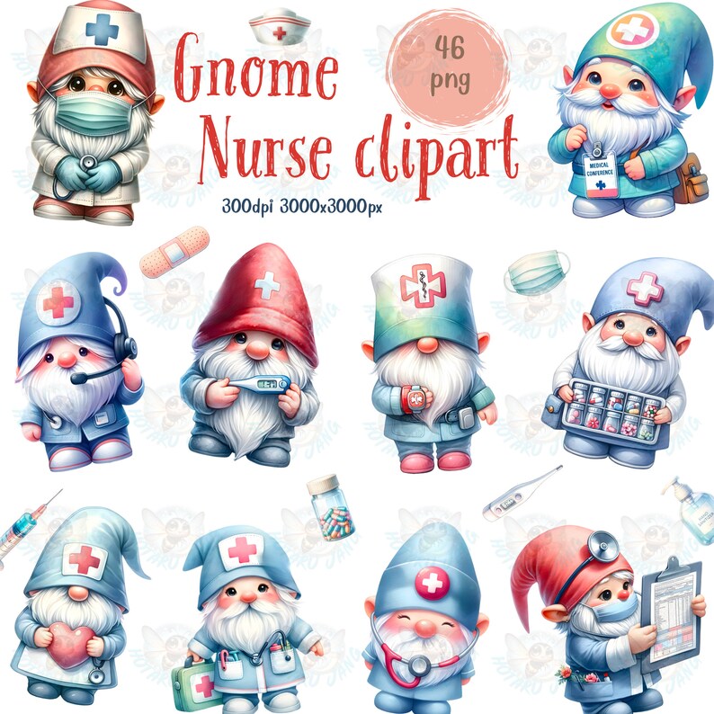 Watercolor Gnome Nurse Clipart: 46 PNG Graphics (digital Art) - Etsy