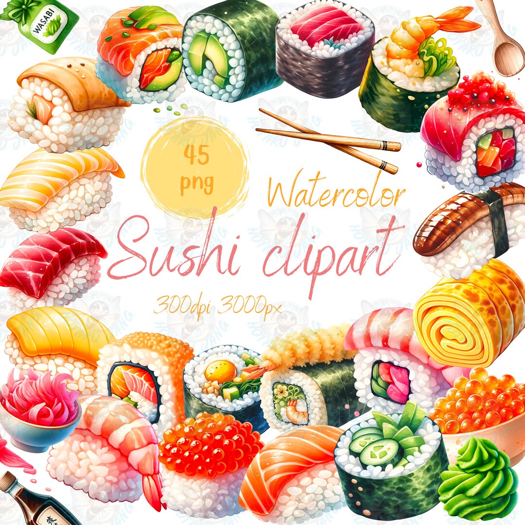 Watercolor Sushi Clipart, Cute Sushi Clipart, Cute Emoji Sushi Clipart ...