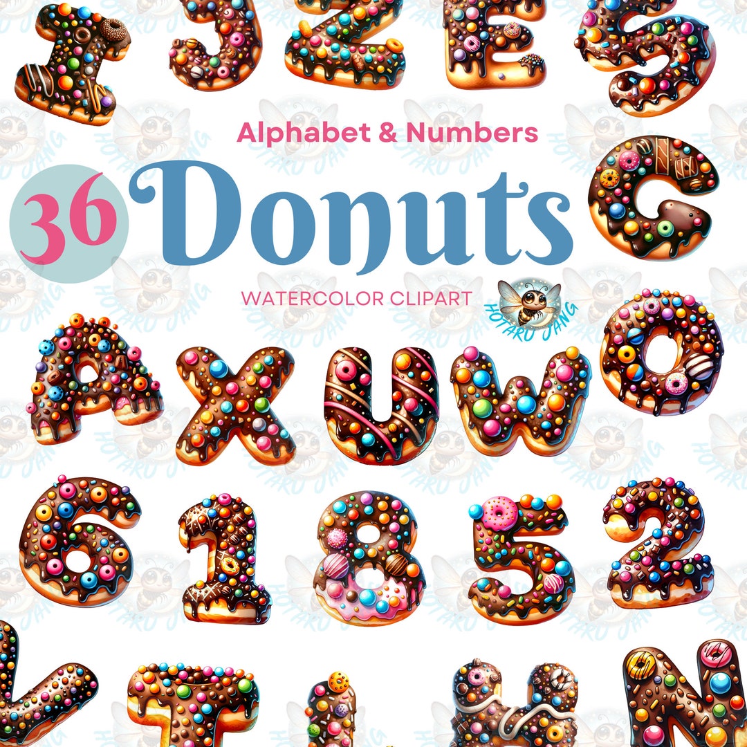 Donut Alphabet & Numbers Clipart | 36-piece Watercolor Set | Sweet ...