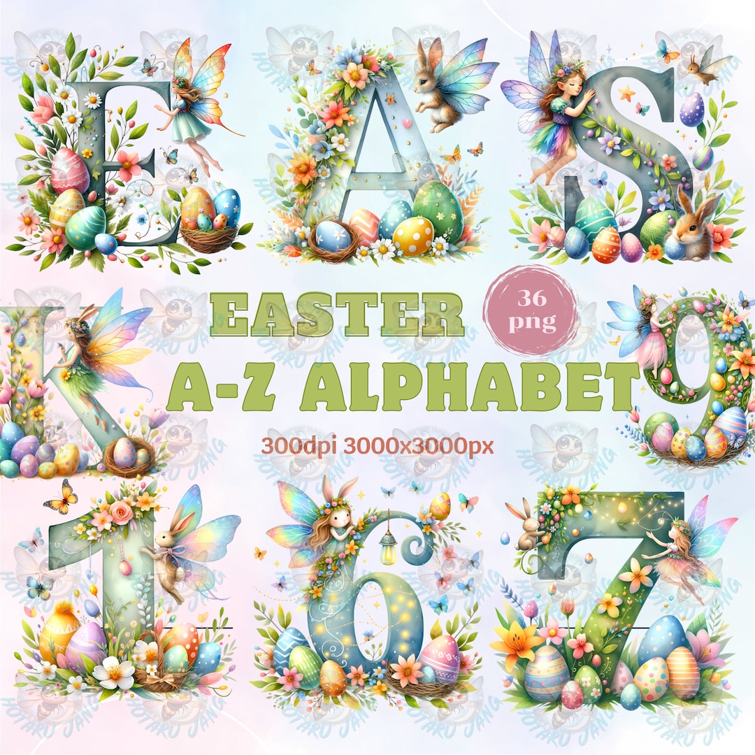 Easter A-Z Alphabet Clipart, Watercolor Easter PNG, Cute Easter Letters ...