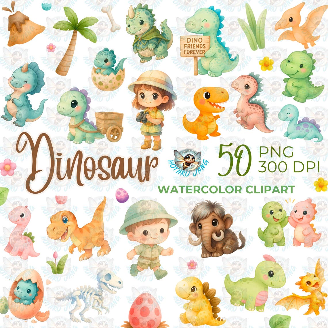 Dinosaur Watercolor Clipart: Baby Dino Pngs for Nursery Decor (digital ...