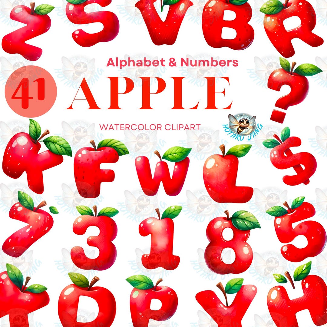 Apple Watercolor Clipart: Alphabet and Numbers (PNG Digital Download ...
