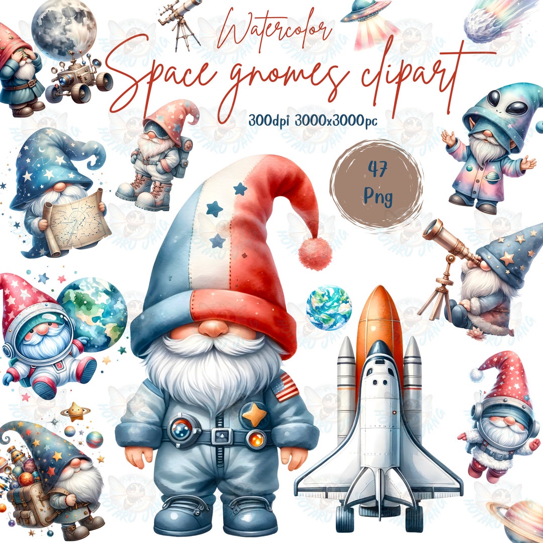 Watercolor Space Gnomes Clipart | Planet, Spiral Galaxy, Moon ...