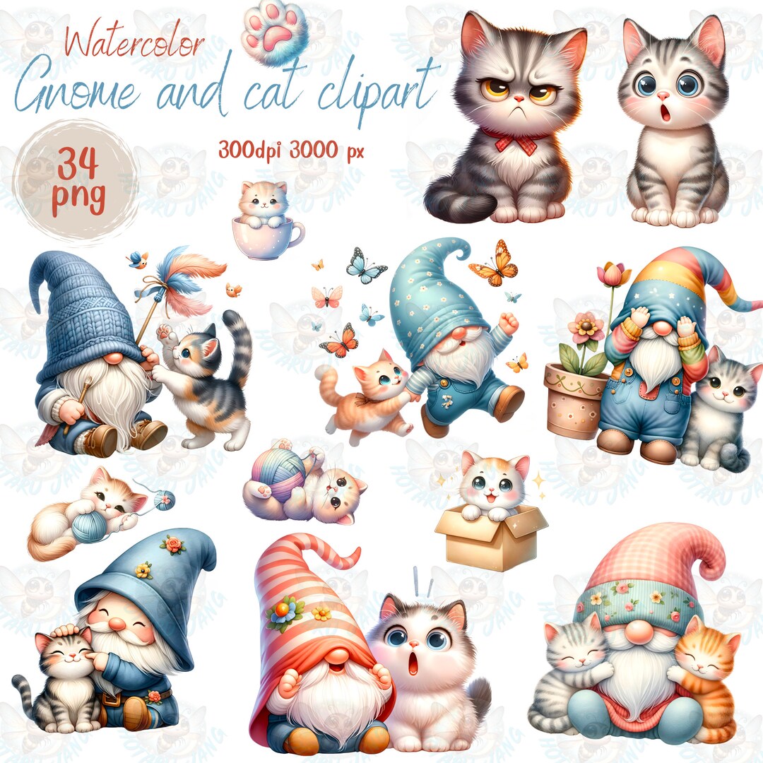 Watercolor Cat Gnome Clipart, Cat Lover Gnome Clipart, Cat Lover Gnome ...