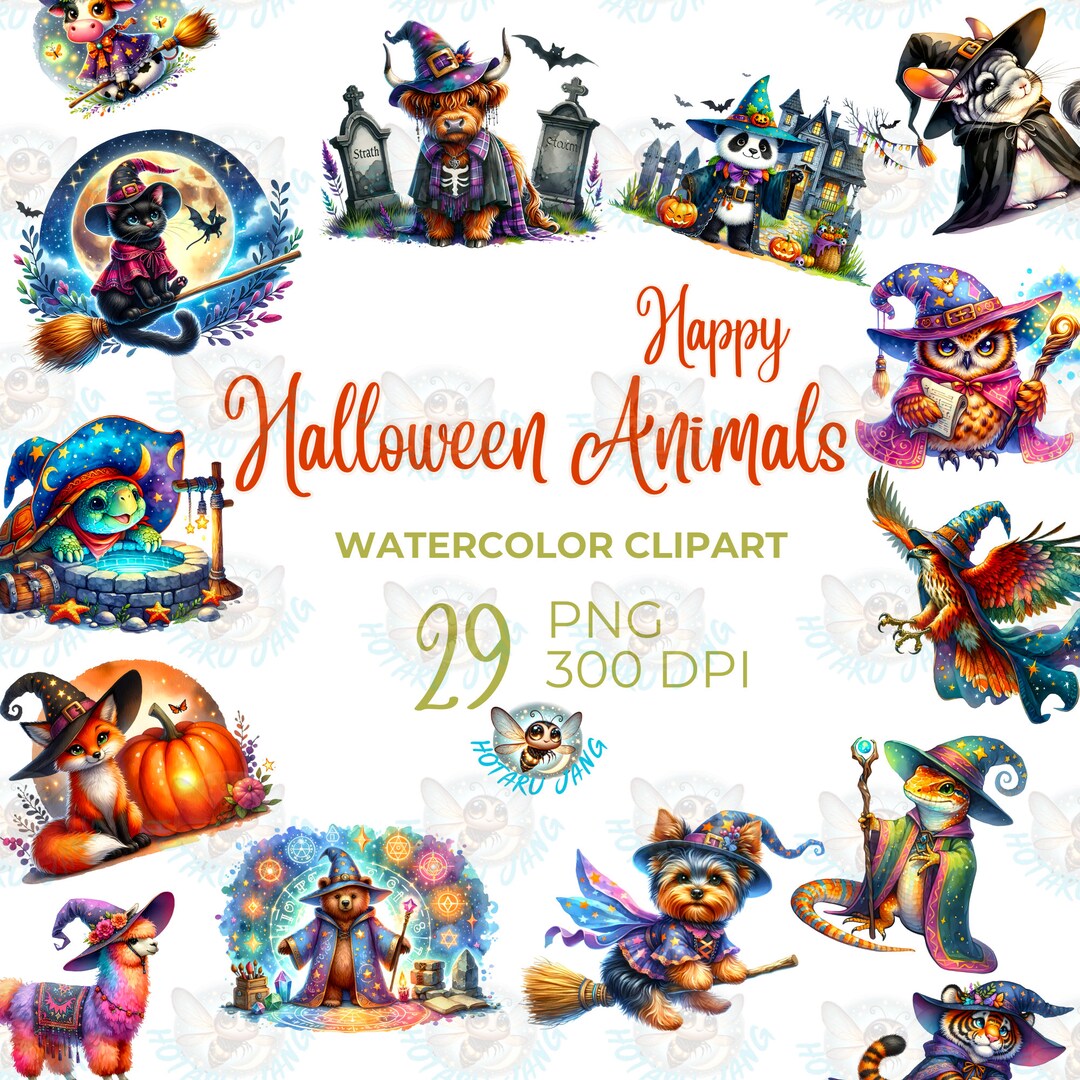 Halloween Animals Clipart, Watercolor Costume Animals (digital Download ...