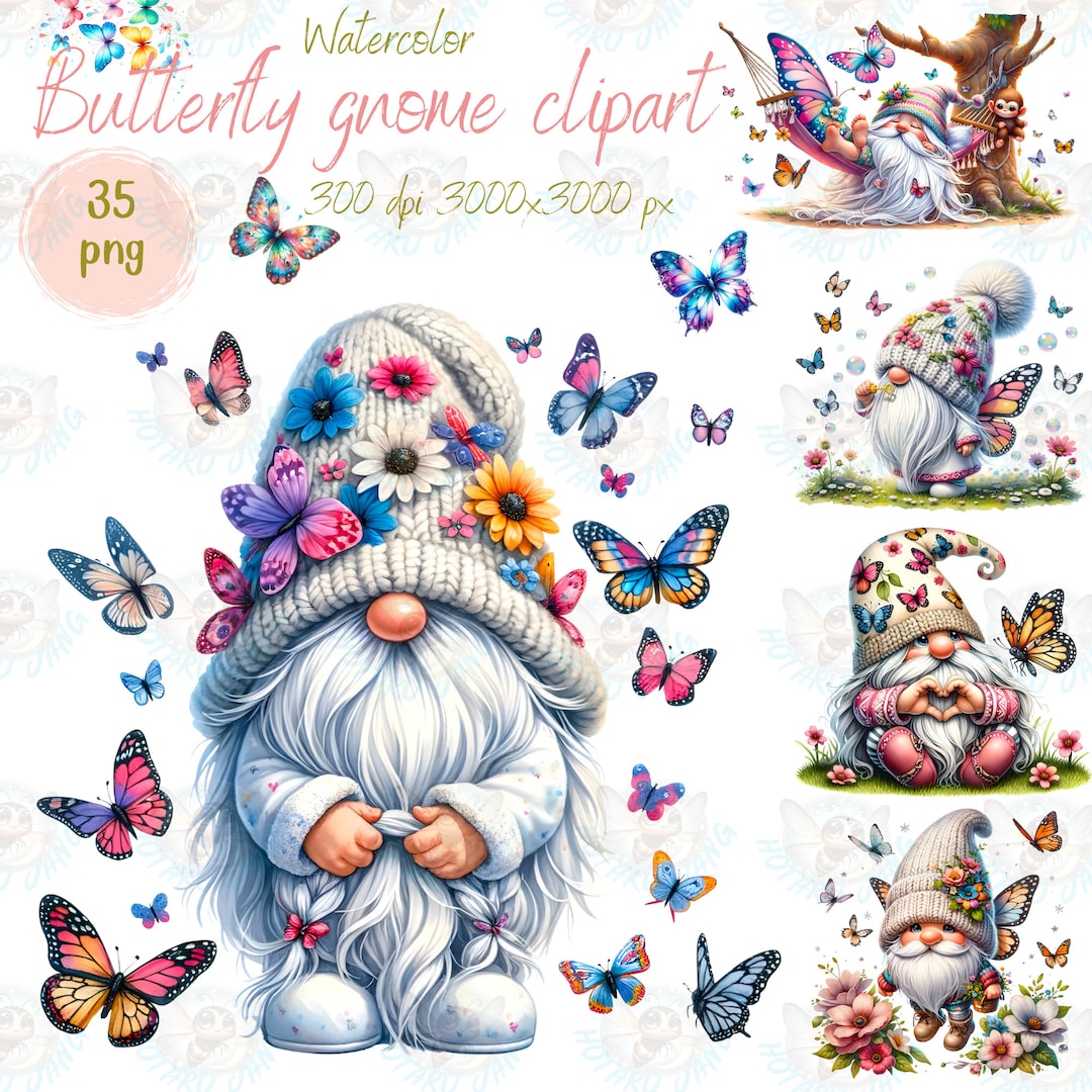 Watercolor Butterfly Gnome Clipart: Spring Floral PNG (3000x3000 Px) - Etsy