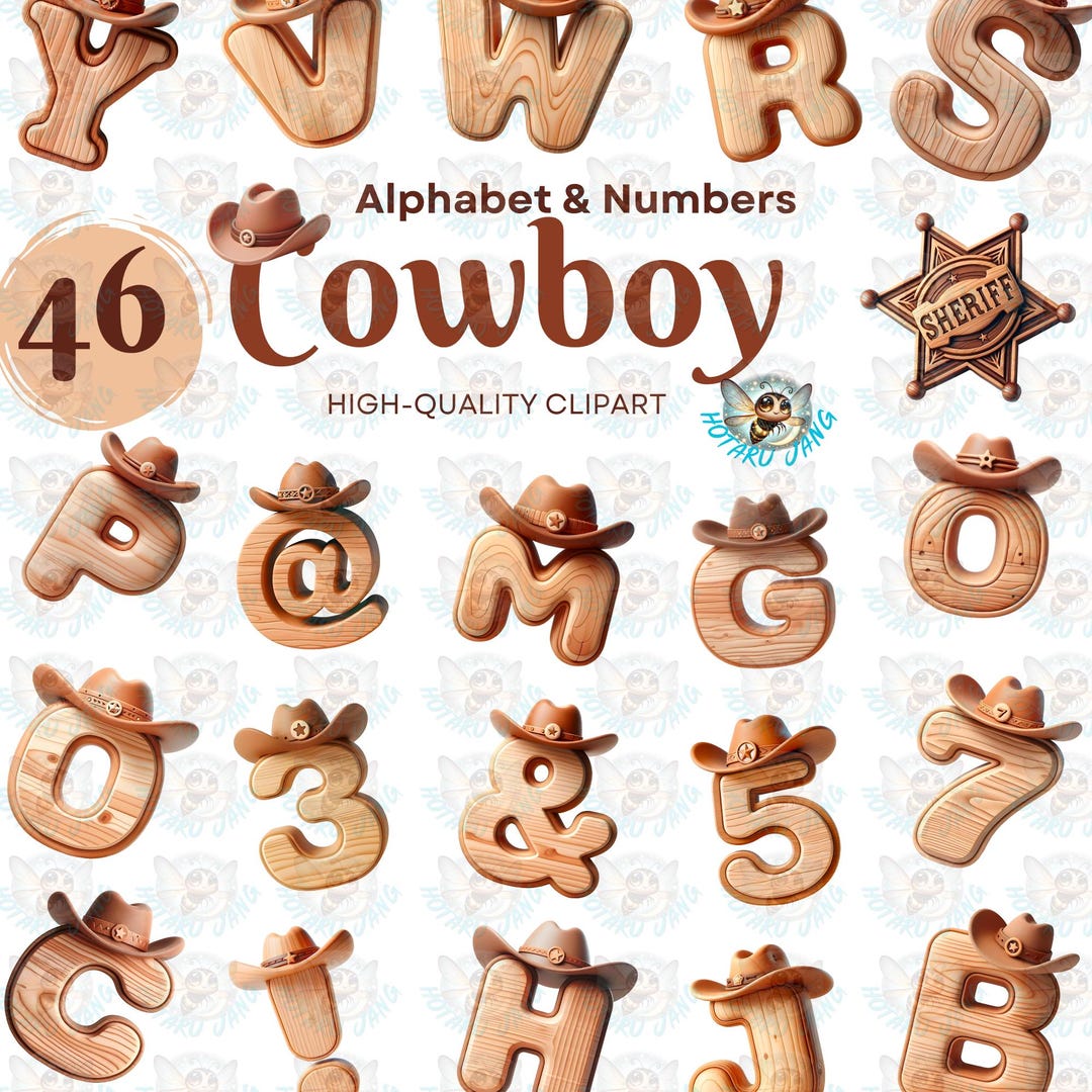 Cowboy Alphabet & Numbers Clipart: Rustic Western Party Decor (46 Pngs ...