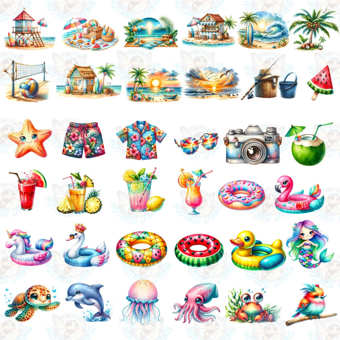 Watercolor Summer Beach Clipart, Summer Clipart PNG, Cute Pool Party ...