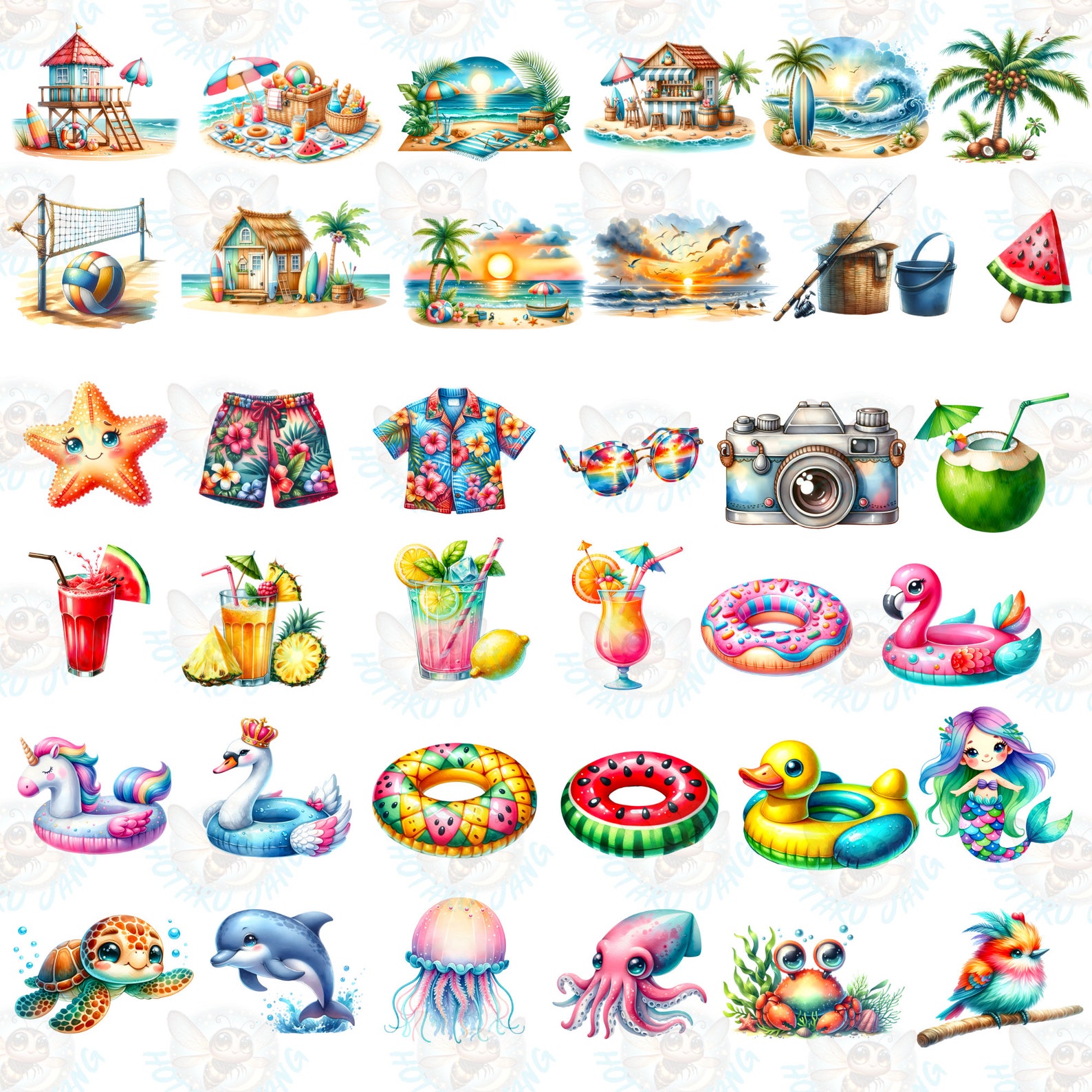 Watercolor Summer Beach Clipart, Summer Clipart PNG, Cute Pool Party ...