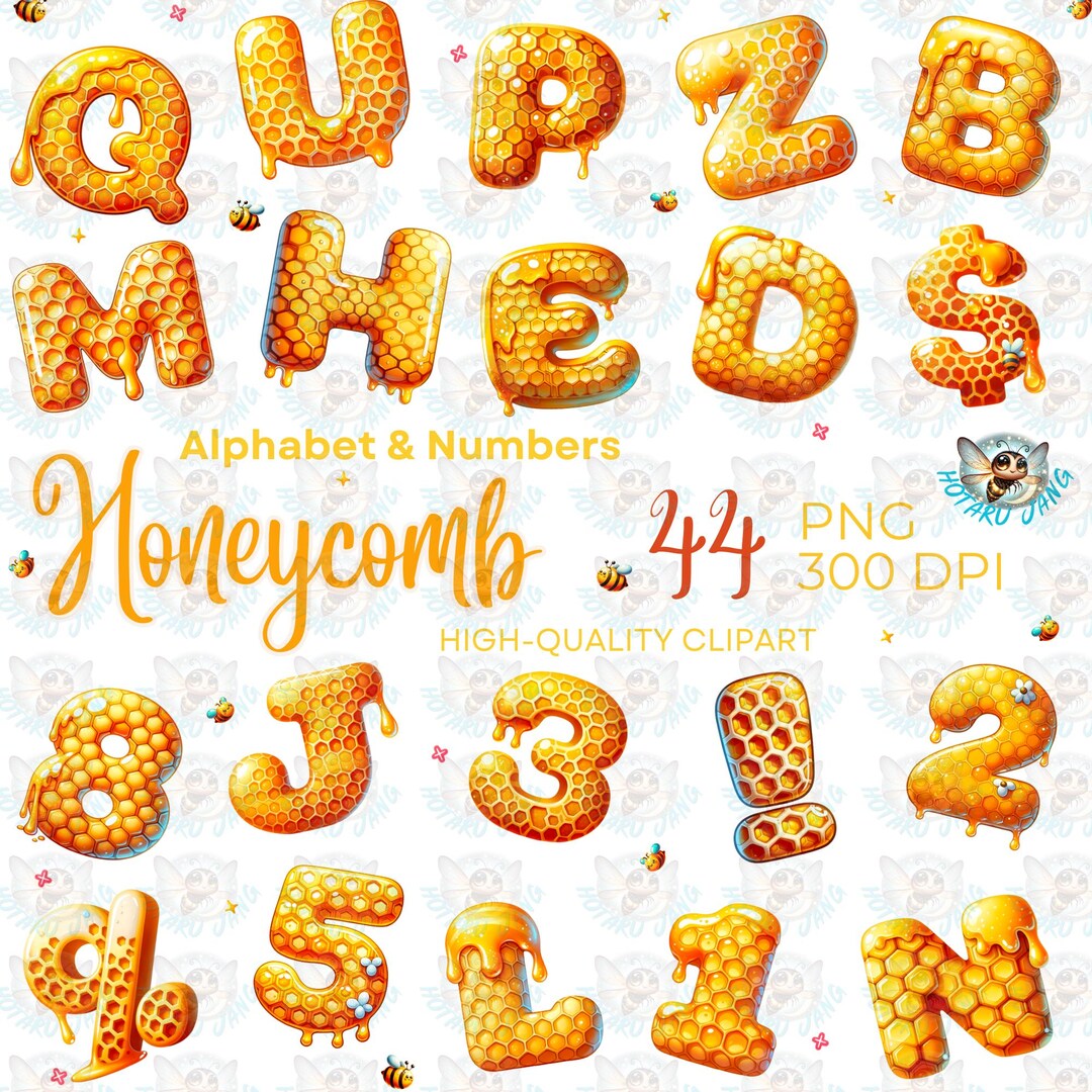 Honeycomb Alphabet & Numbers Clipart, Honey Alphabet, Bee Alphabet ...