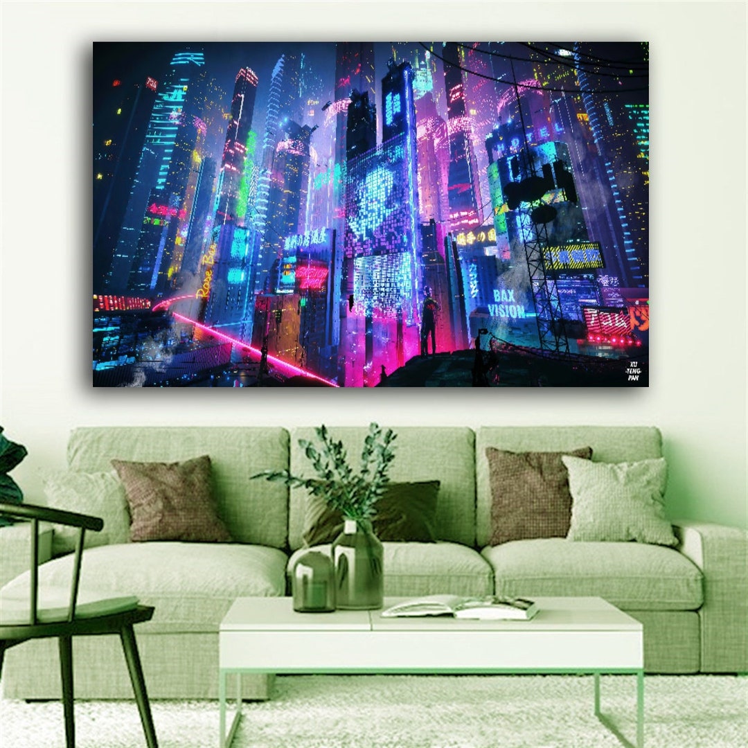 Cyberpunk City Wall Art, Cyberpunk City Neo Futuristic Canvas Poster ...