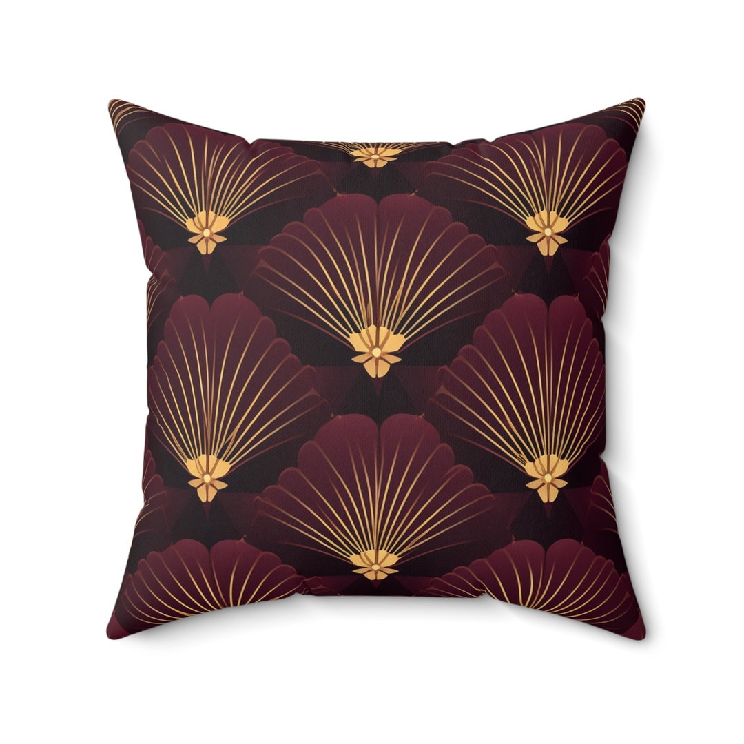 Fan Pattern Pillow. Classic Gold Fan Pattern on Maroon Background. 4 ...
