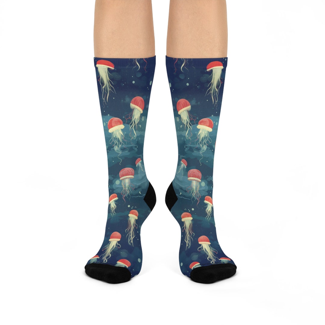 Cartoon Jellyfish Socks. Cute Sea Creature Design on Crew Socks. Blue ...