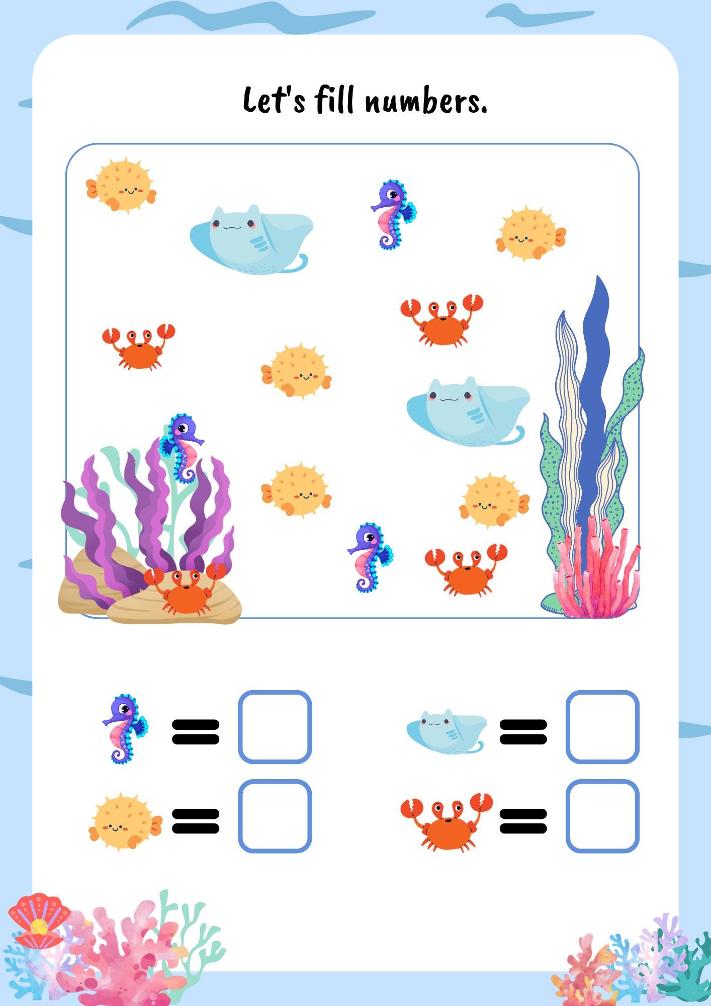 Preschool Math Worksheets 1–10 | Ocean Animal Printable Activities for ...