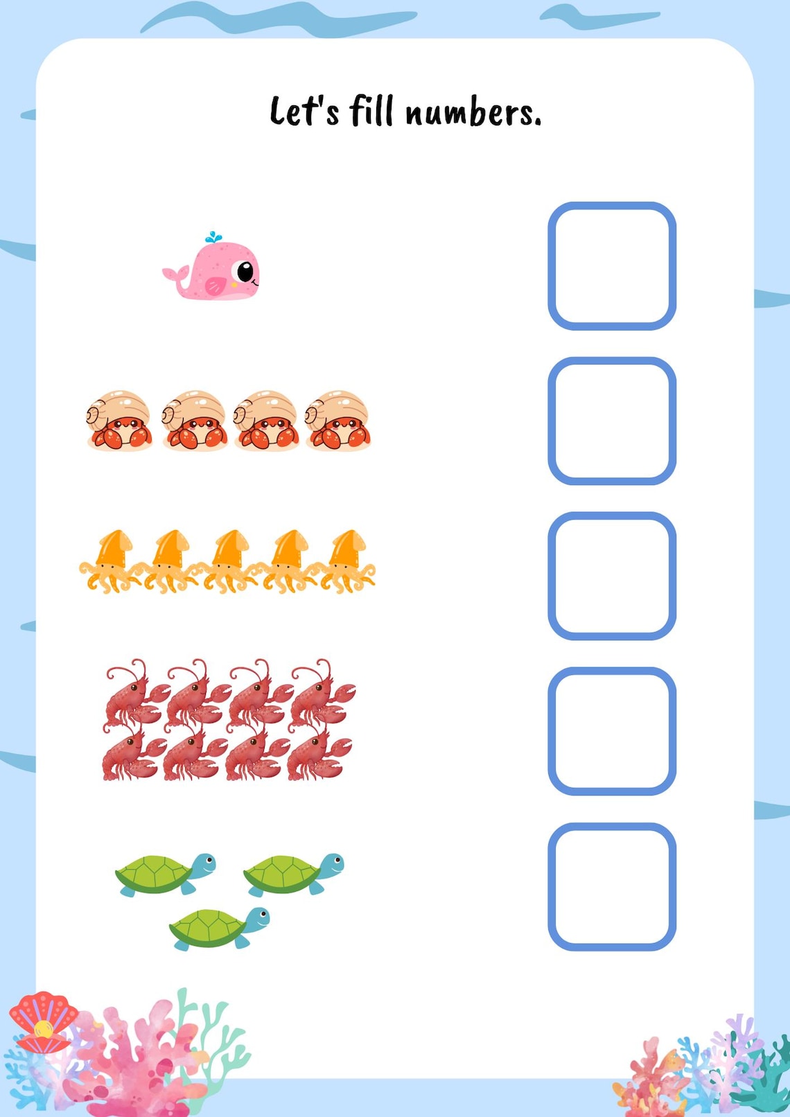 Preschool Math Worksheets 1–10 | Ocean Animal Printable Activities for ...