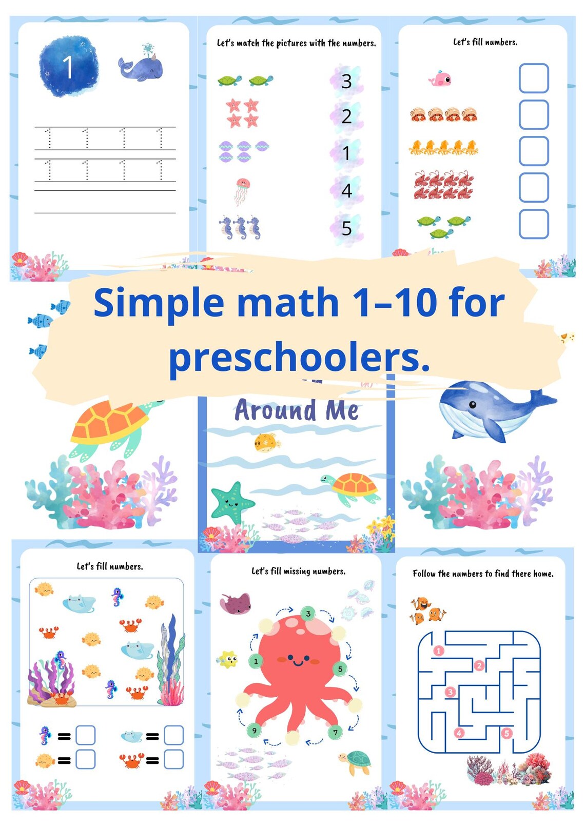 Preschool Math Worksheets 1–10 | Ocean Animal Printable Activities for ...