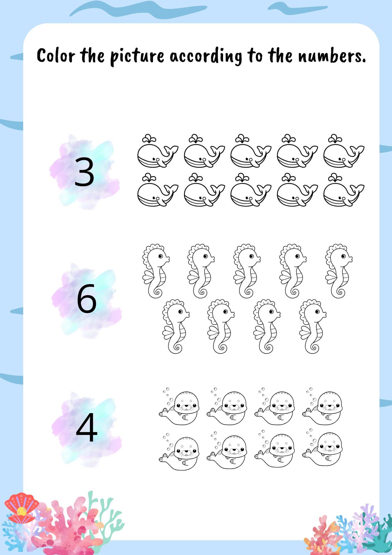 Preschool Math Worksheets 1–10 | Ocean Animal Printable Activities for ...