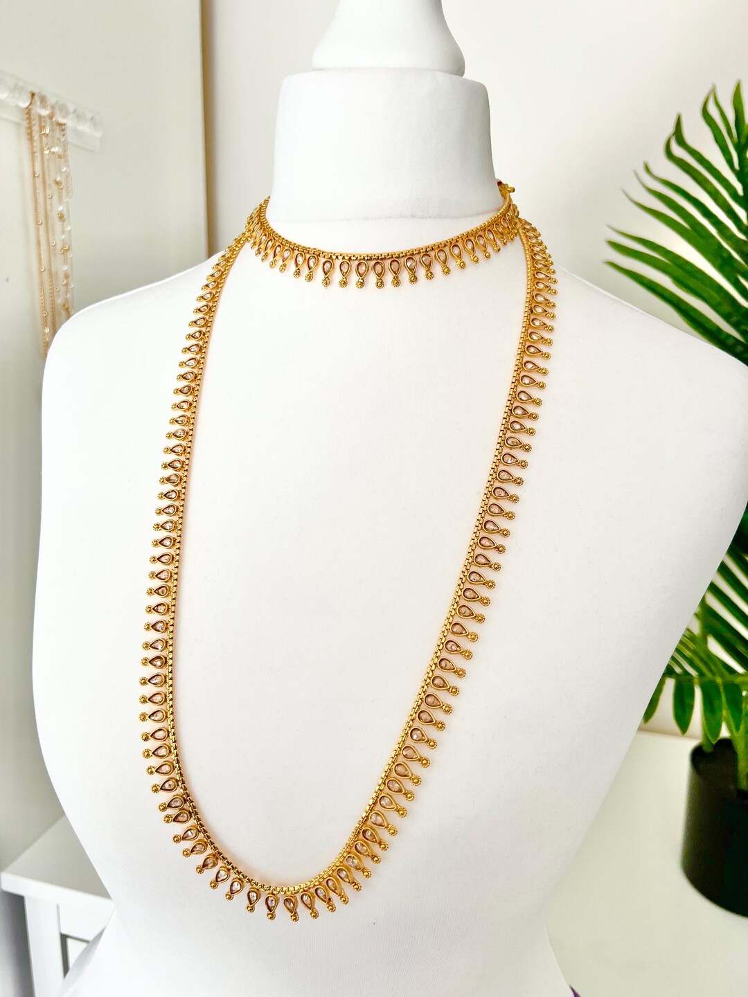 SAHANA - Antique Gold Plated Long and Short Necklace Set With a Pair of ...