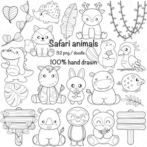 Safari Animals Black and White Clipart, Safari Animal Doodle Clip Art ...