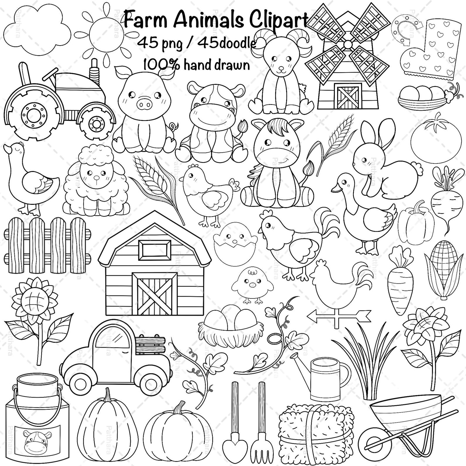 Farm Animals Clipart, Farm Animal Coloring, Animal for Kid, Doodle Farm ...