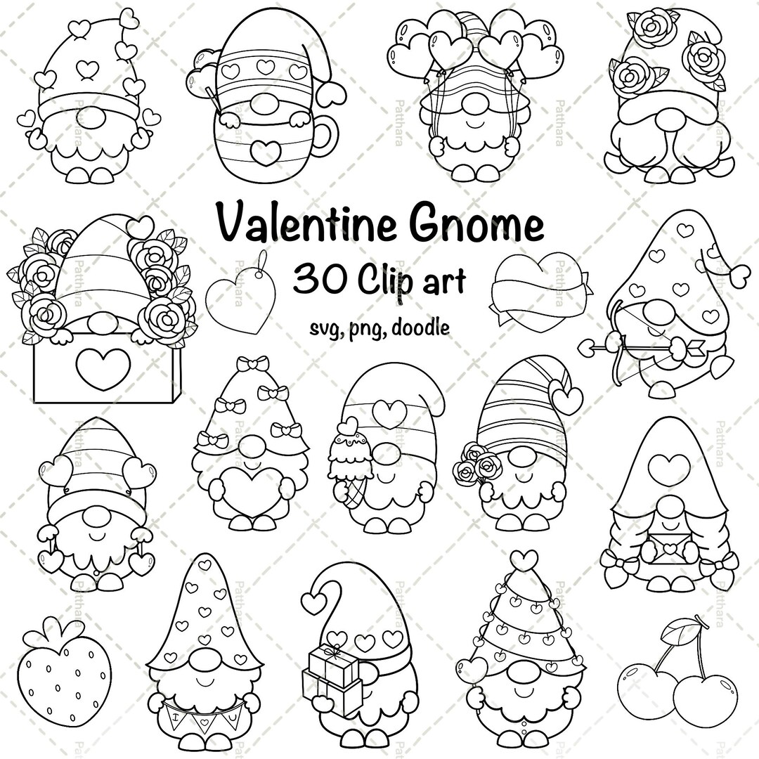 Gnome Clipart, Valentine Gnome Svg, Valentines Day Svg, Black and White ...
