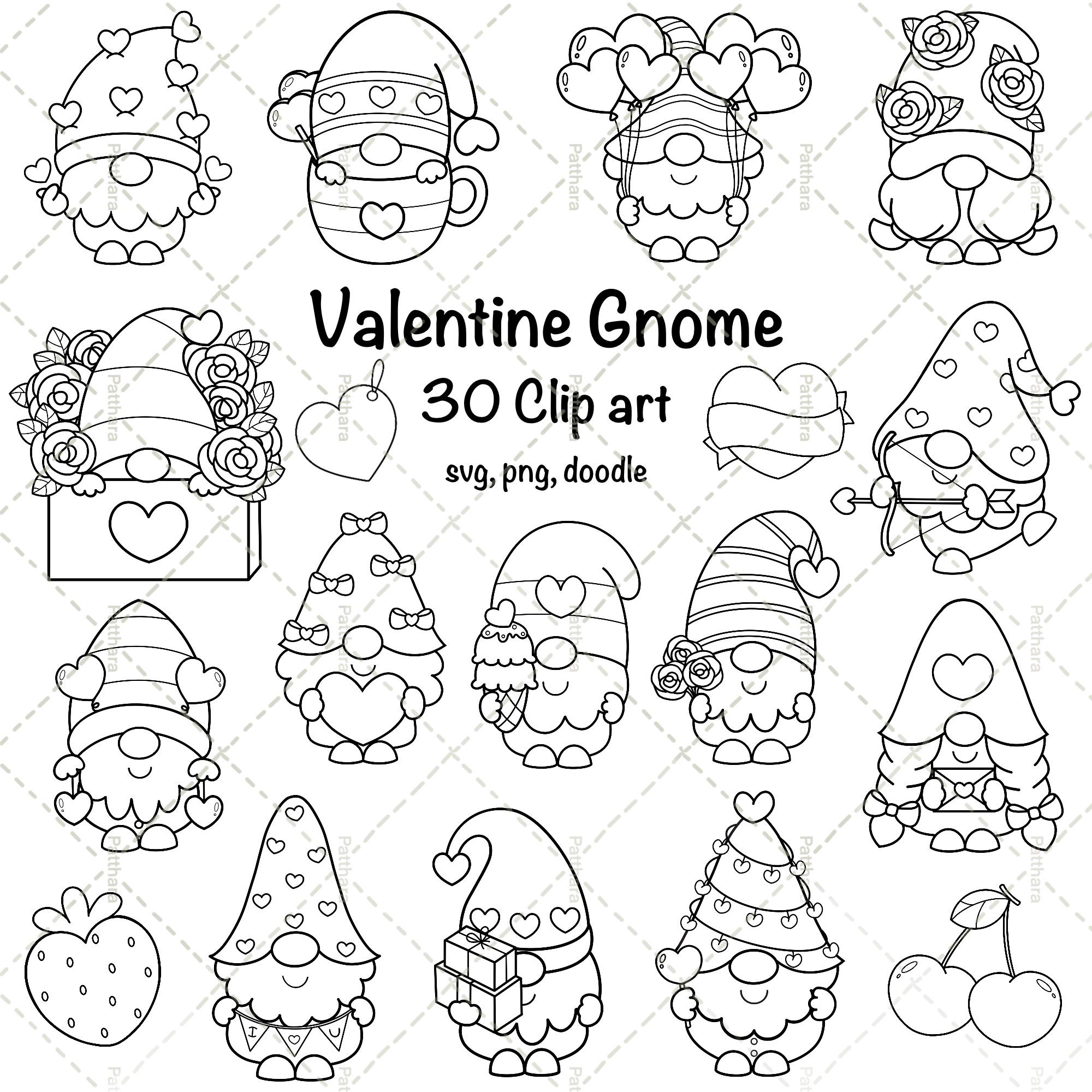Gnome Clipart, Valentine Gnome Svg, Valentines Day Svg, Black and White ...