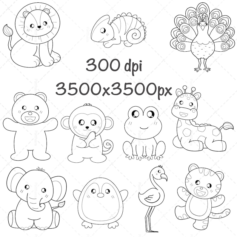 Safari Animals Black and White Clipart, Safari Animal Doodle Clip Art ...