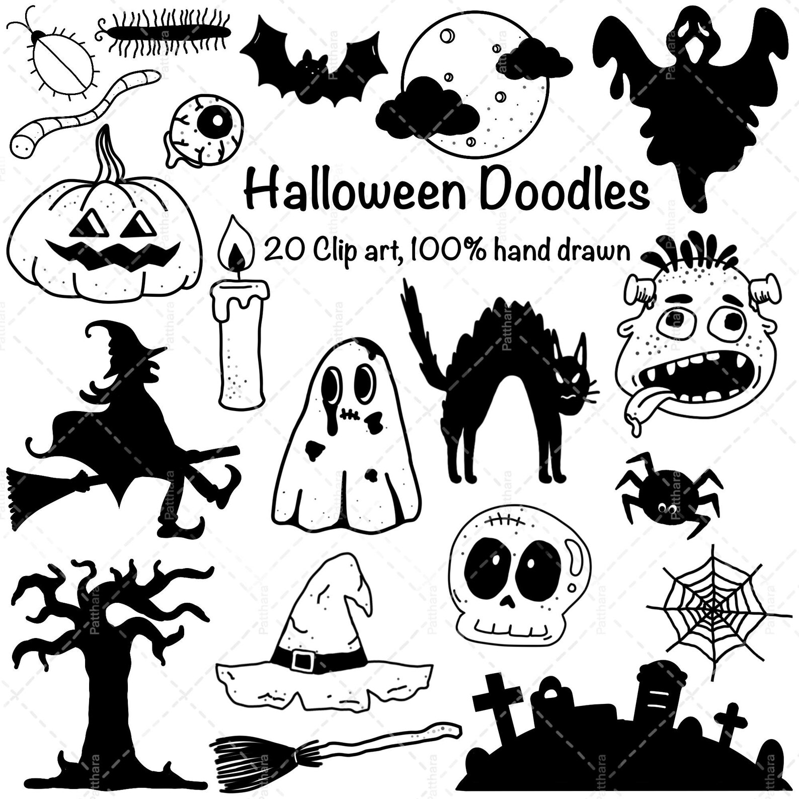 Halloween Doodles Clipart, Hand Drawn Clipart, Pumpkin, Ghost, PNG ...