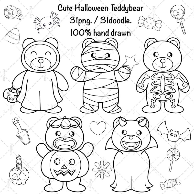 Cute Halloween Teddybear Clipart, Cartoon Teddybear, Doodle, Teddy ...