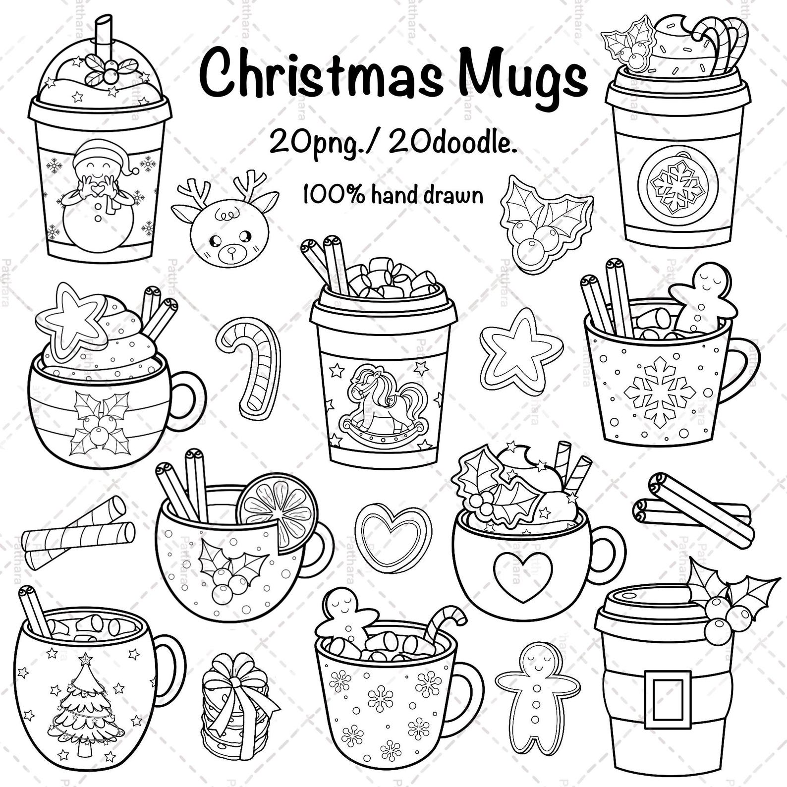 Christmas Mugs Clipart: Hand-drawn Winter Doodles (PNG) - Etsy