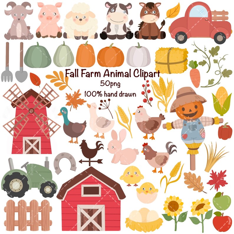 Fall Farm Animal Clipart, Cute Chickens, Horses, Cows, Goats, Sheep ...