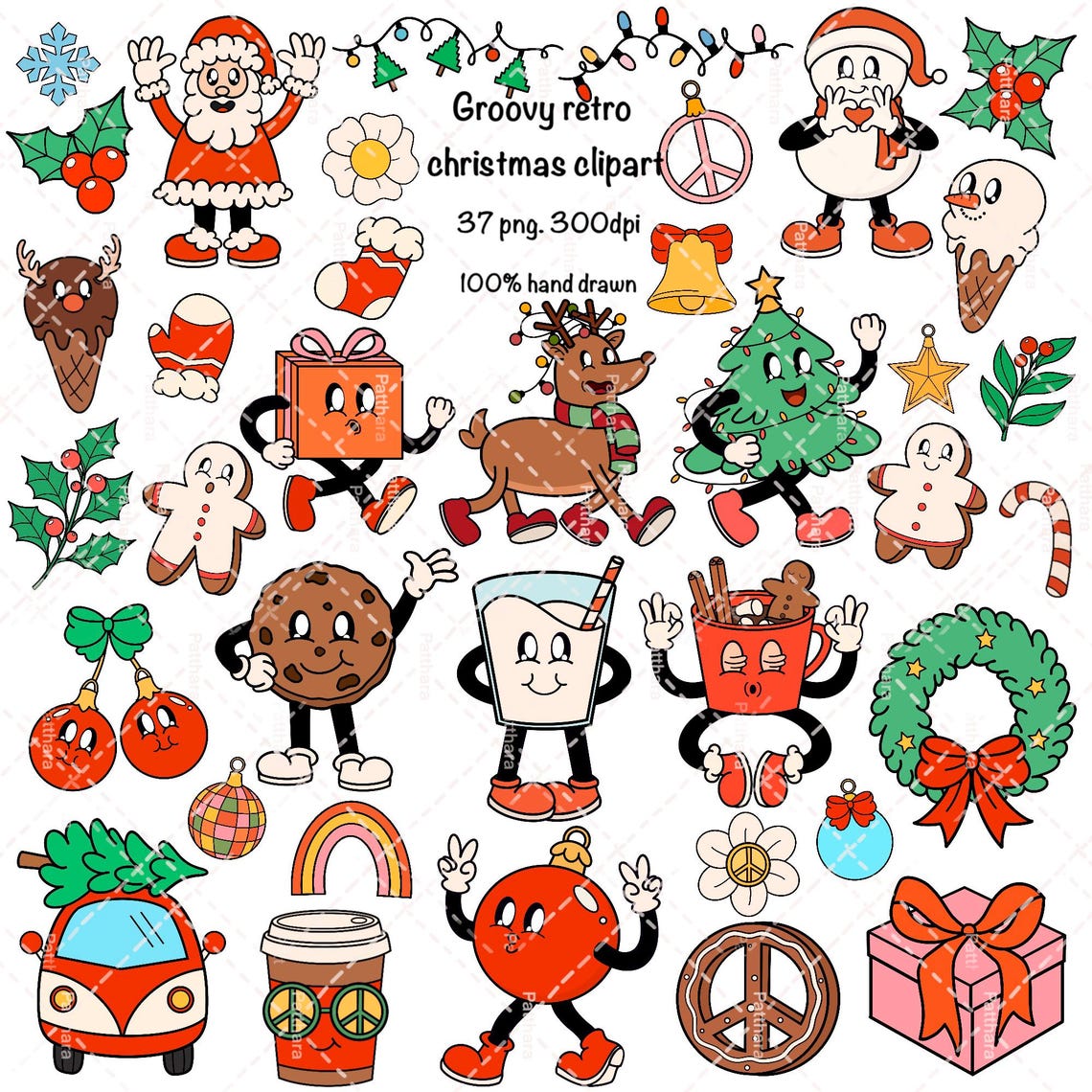 Groovy Retro Christmas Clipart, Hippie Christmas Png, Merry Christmas ...