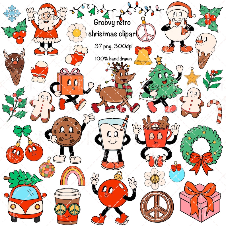 Groovy Retro Christmas Clipart, Hippie Christmas Png, Merry Christmas ...