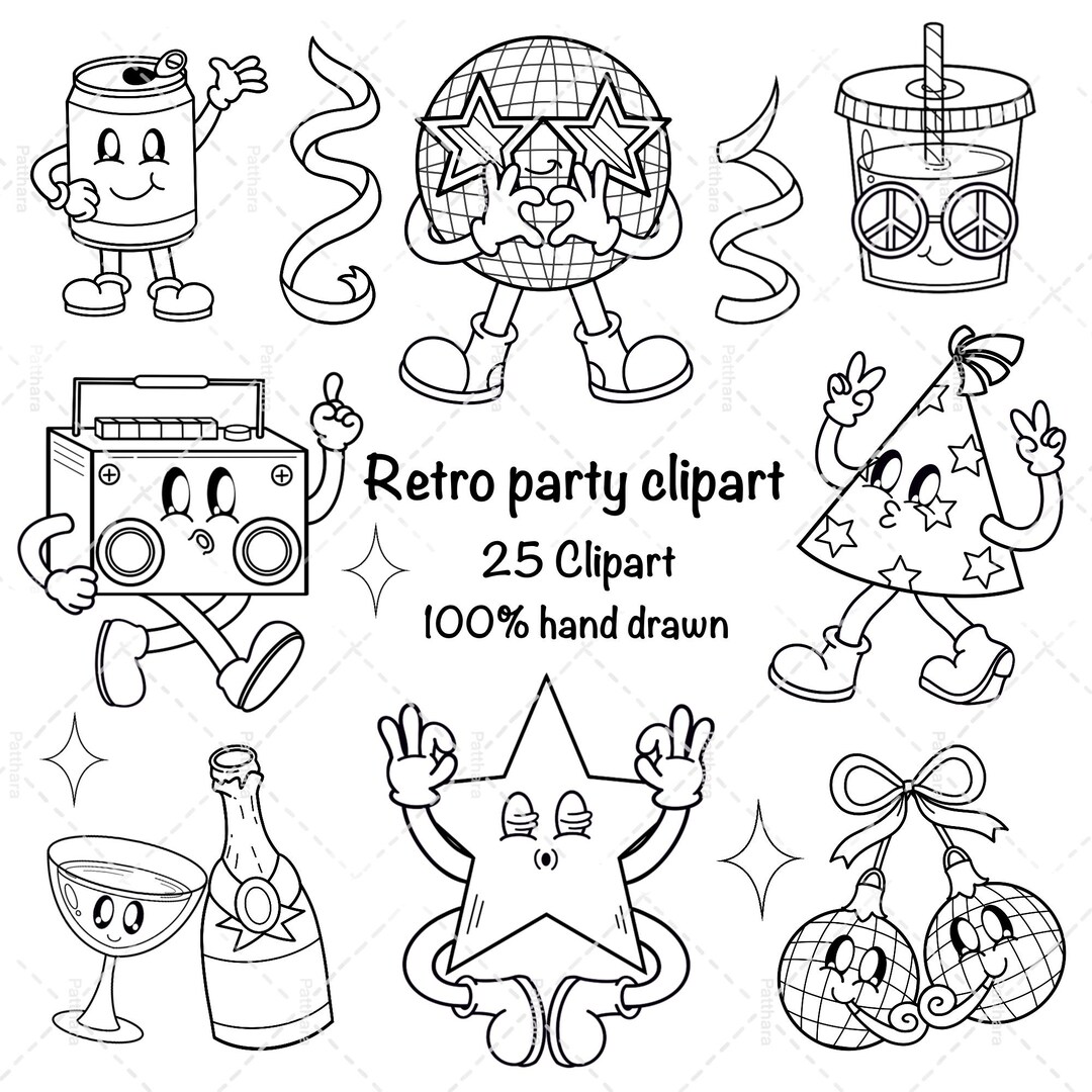 Retro Party Clipart: Groovy New Year PNG SVG Doodle (25 Files) - Etsy
