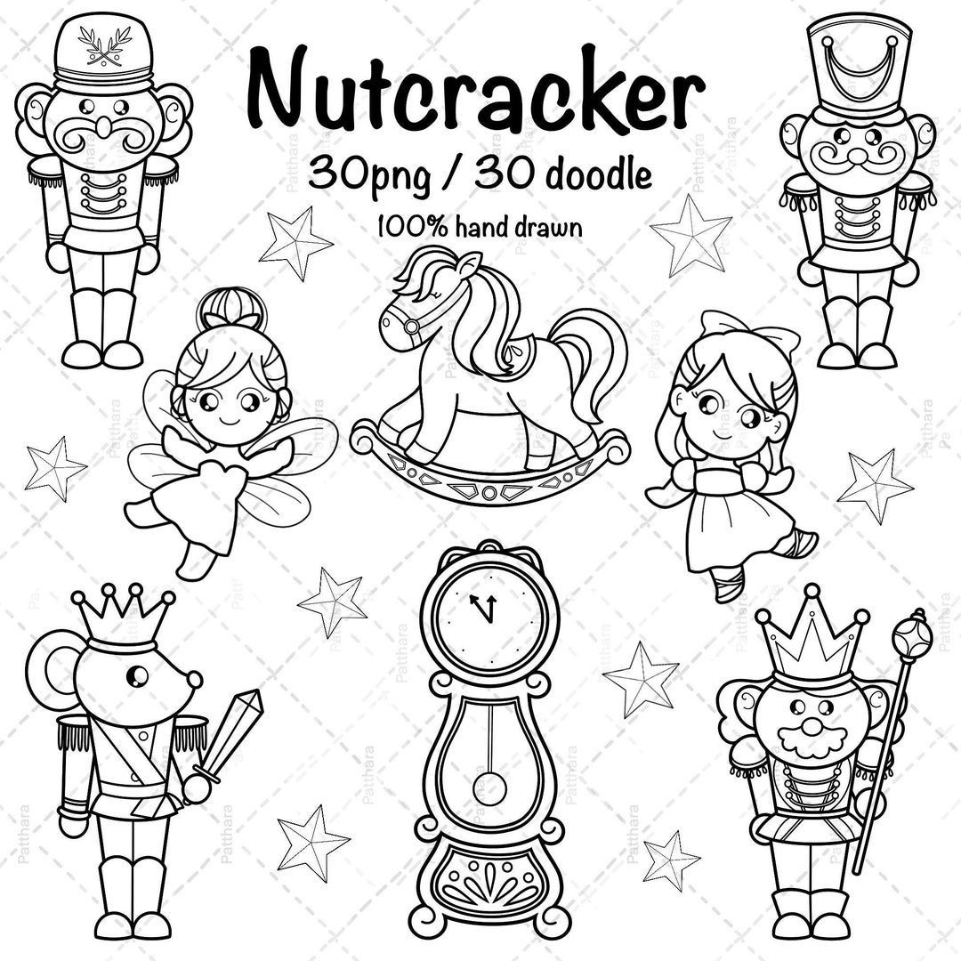Nutcracker Clipart, Christmas Doodle Clip Art, Winter Line Art Clipart, Black and White ...