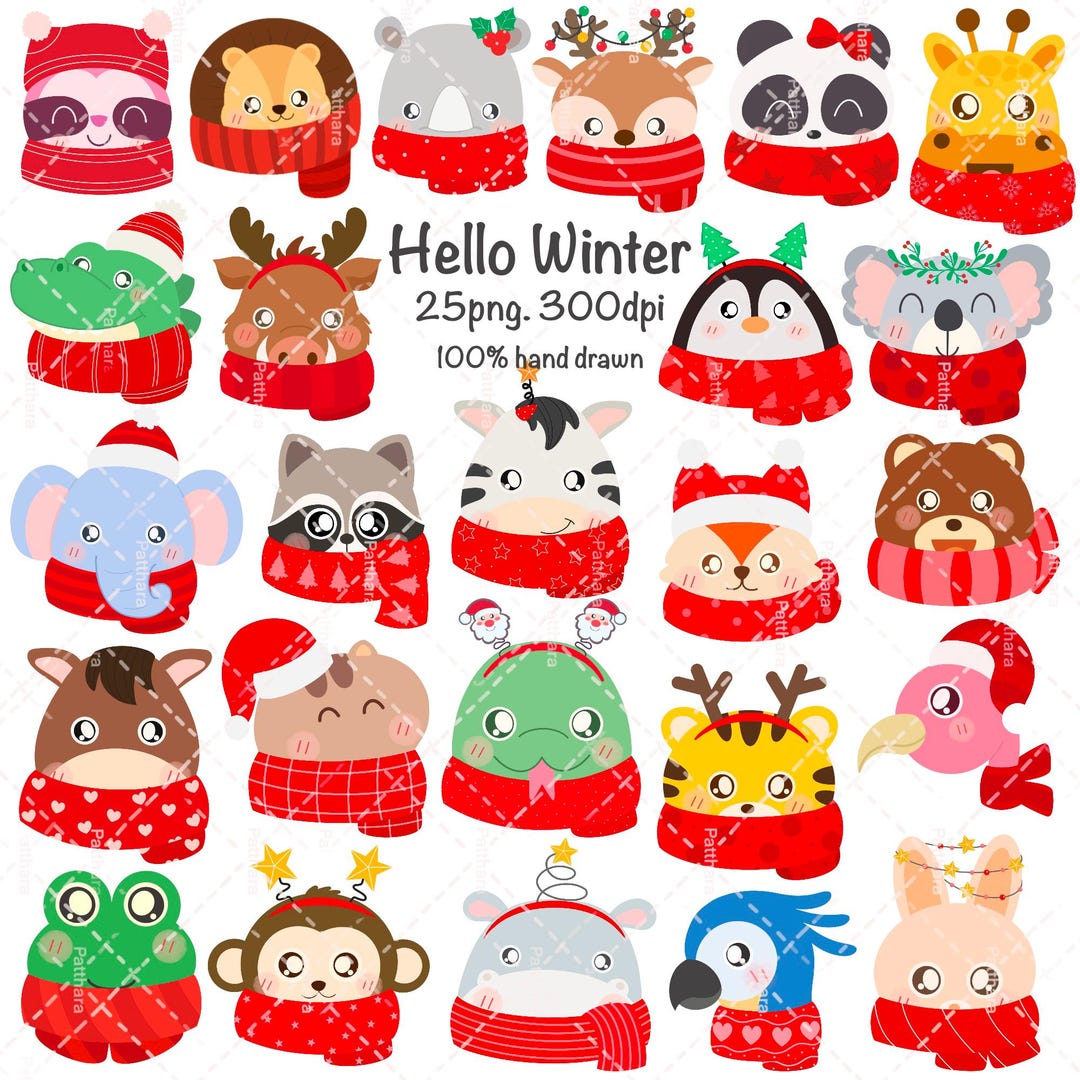Hello Winter Animal Face Clipart, Christmas Animal Faces Clipart, Cute ...