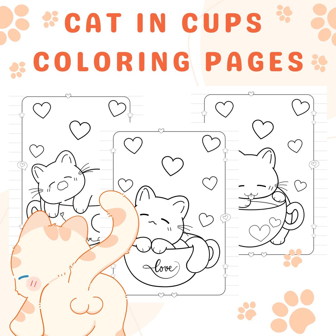 Cats in Cups Coloring Pages, Printable Coloring, Cat Cup Love Coloring ...