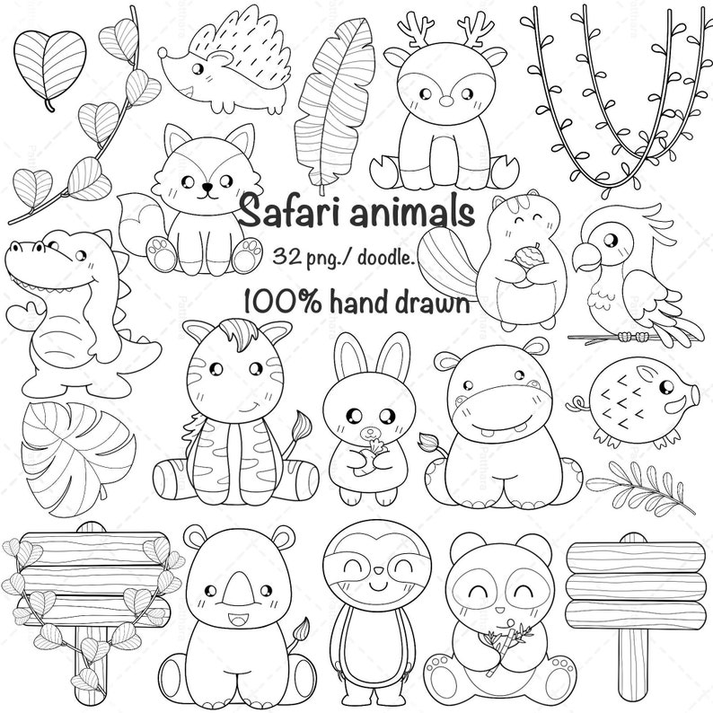 Safari Animals Black and White Clipart, Safari Animal Doodle Clip Art ...
