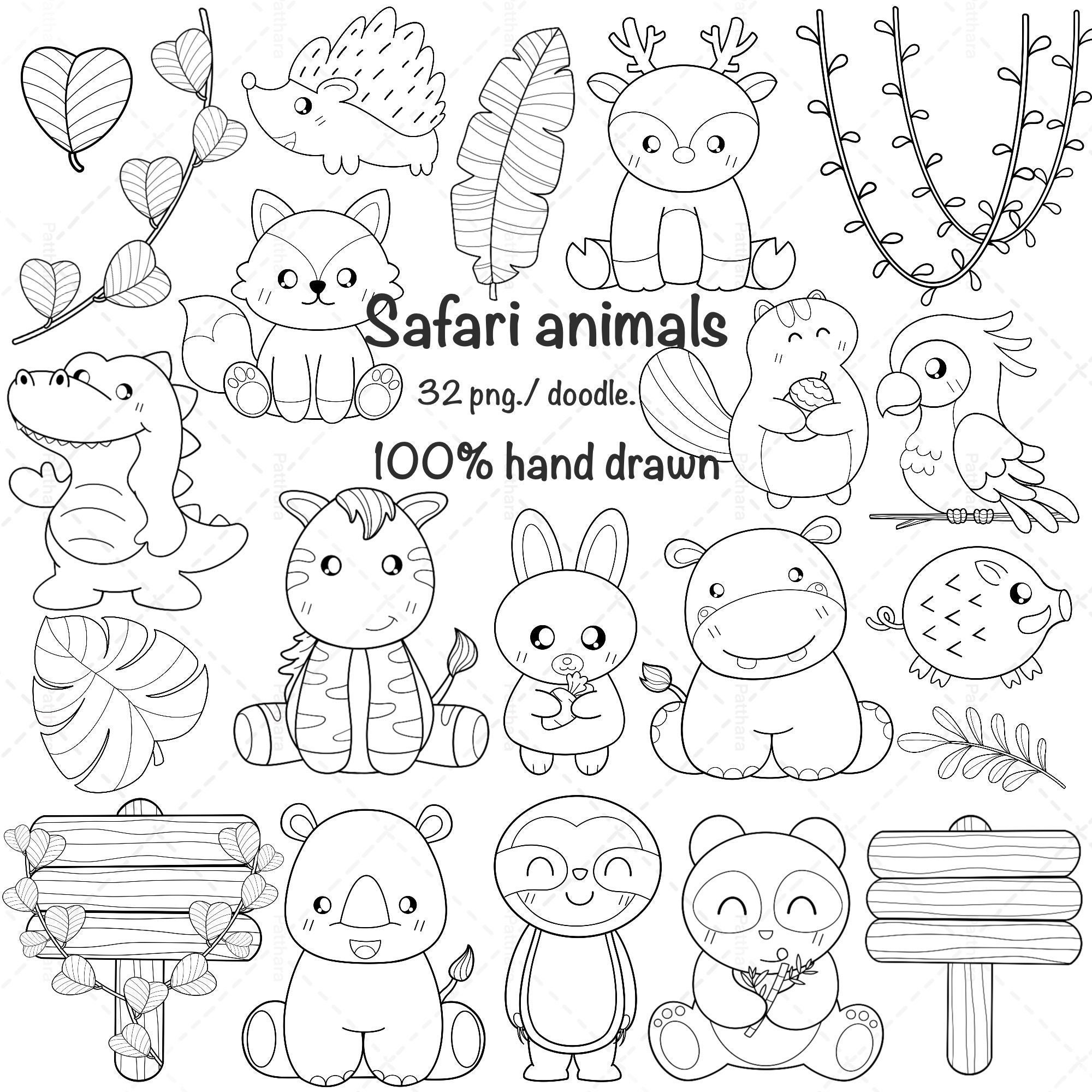 Safari Animals Black and White Clipart, Safari Animal Doodle Clip Art ...