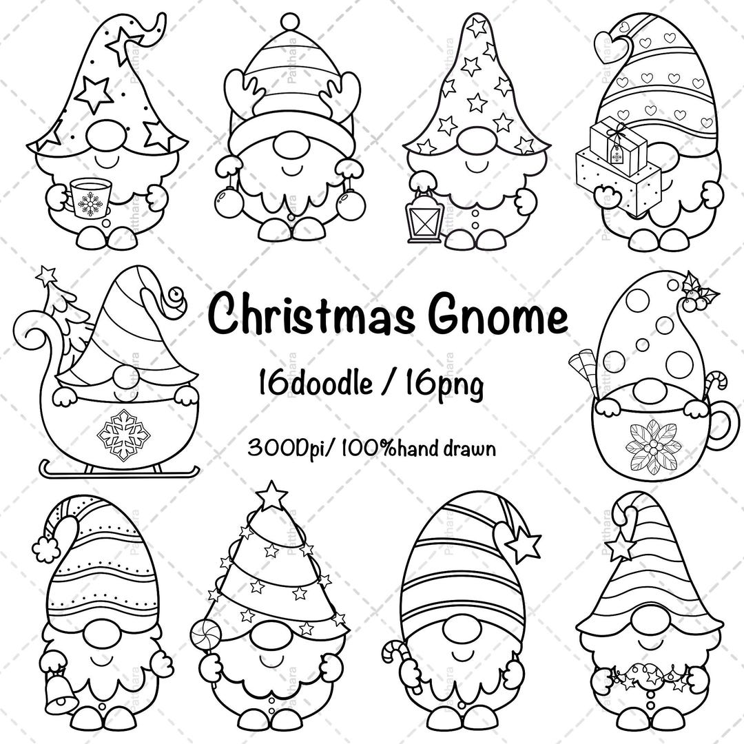 Christmas Gnome Doodle Clipart: Hand-drawn PNG Bundle (digital Download ...