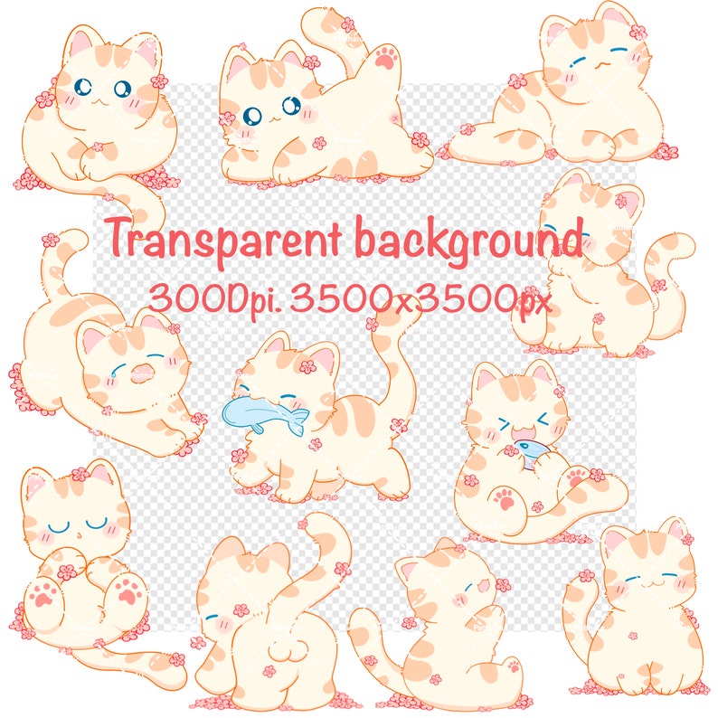Cute Cat Clipart, Cat Digital Download, Kawaii Kittens, Illustration ...