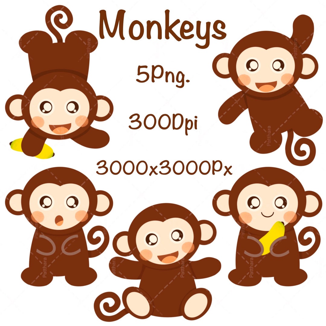 Monkeys Clipart Set, Cute Monkeys Png, Monkey Png, Baby, Safari, Jungle ...
