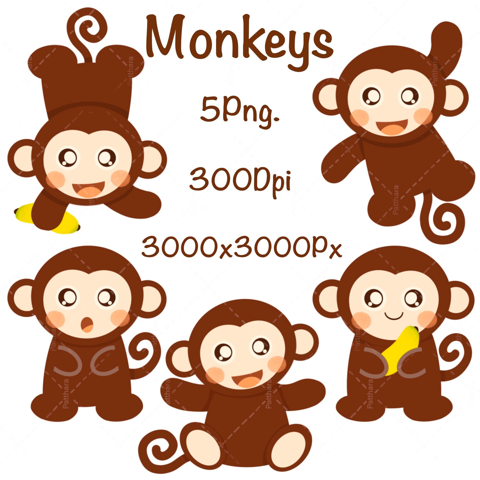 Monkeys Clipart Set, Cute Monkeys Png, Monkey Png, Baby, Safari, Jungle ...