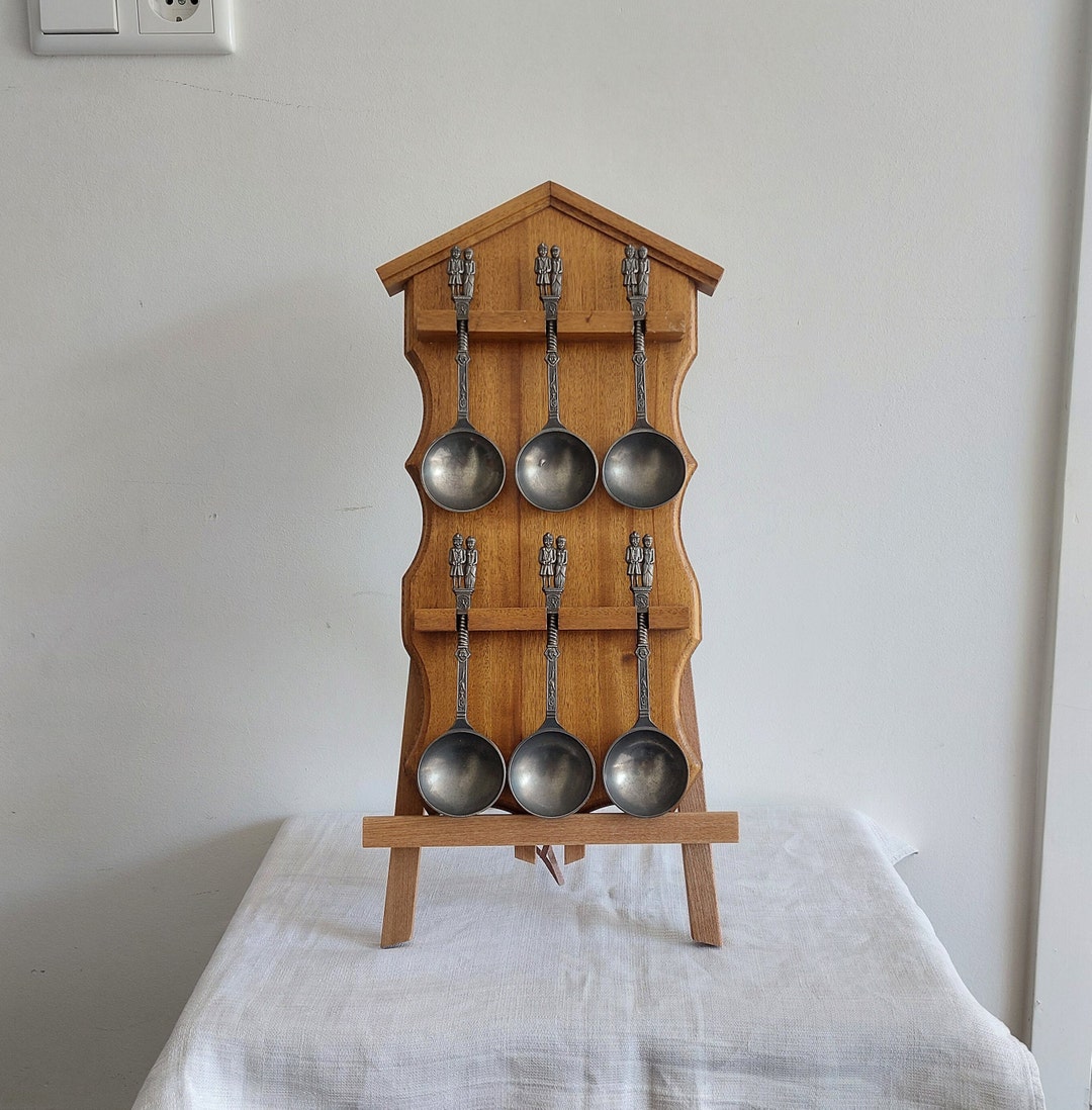 Antique Wooden Wall Display With 6 Old Tin Spoons, Vintage Fine Pewter ...